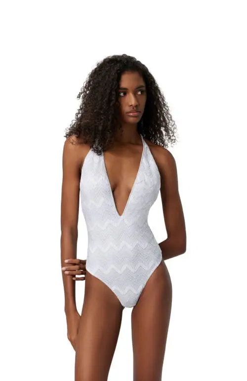 Missoni V-neck Zig Zag Lamé Viscose One-piece Swimsuit - Silver