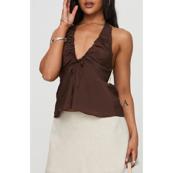 Princess Polly Gadot Ruched Halter Top - Brown
