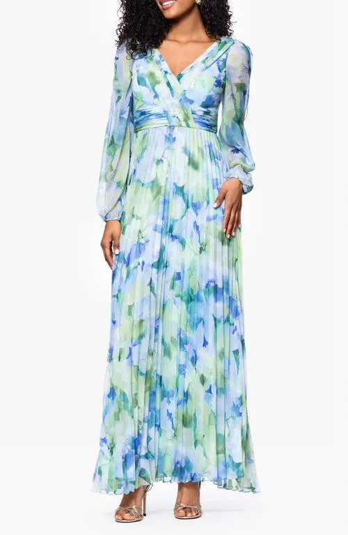 Betsy & Adam Floral Pleated Gown - Blue/ Multi