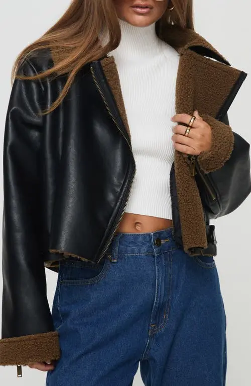 Princess Polly Faux Leather Cropped Biker Jacket With Shearling Trim - Black