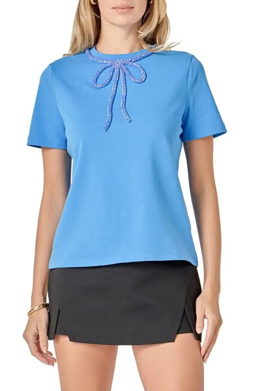 English Factory Beaded Bow Cotton T-shirt - Blue