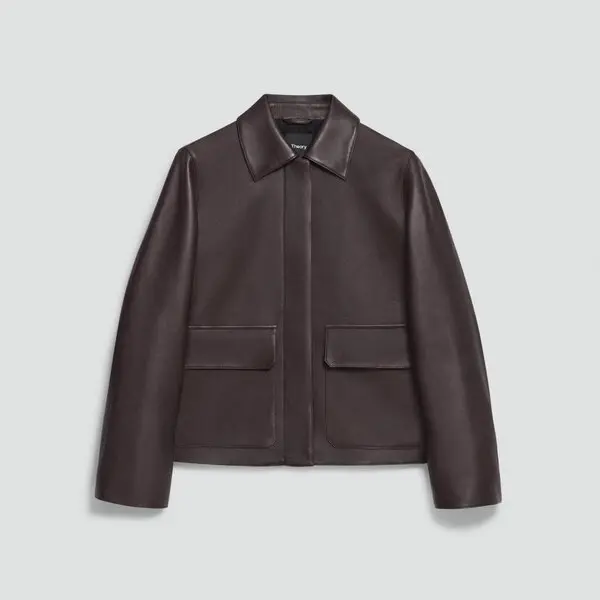 Theory Leather Patch Pocket Boxy Jacket - Cacao