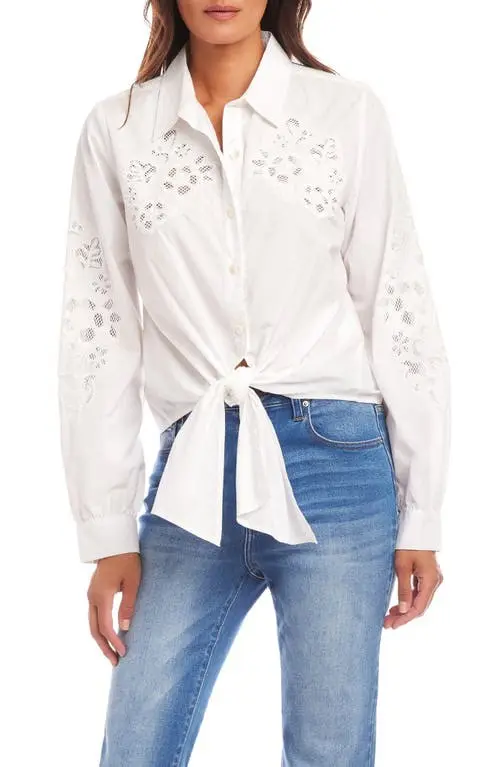 Karen Kane Tie Front Embroidered Button-up Shirt