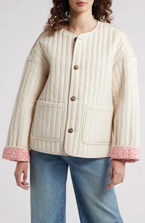 Lucky Brand Reversible Quilted Jacket - Cream And Pink Floral
