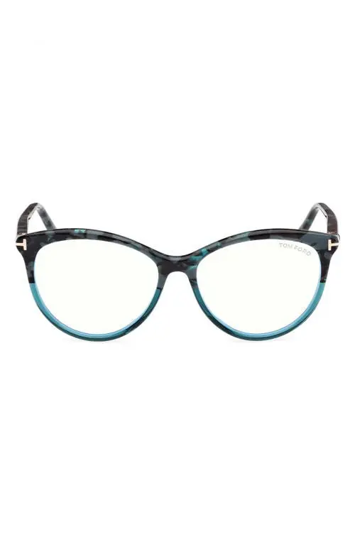 TOM FORD Round Frame Blue Light Blocking Glasses - Havana / Teal / T Logo