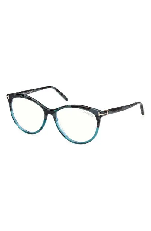 TOM FORD Round Frame Blue Light Blocking Glasses - Havana / Teal / T Logo