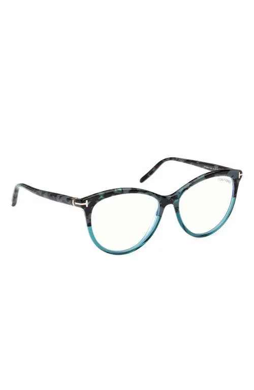 TOM FORD Round Frame Blue Light Blocking Glasses - Havana / Teal / T Logo