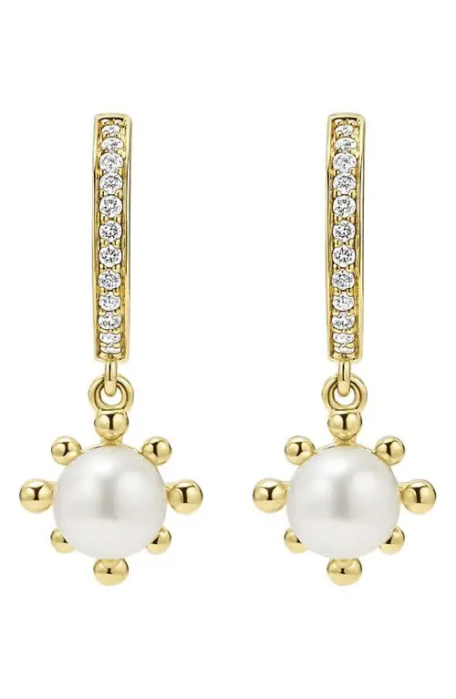 Lagos 18k Luna Fleur Pearl & Diamond Drop Hoop Earrings - Gold