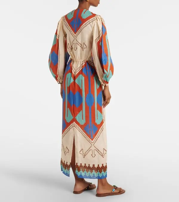 Johanna Ortiz Printed Linen Midi Dress With Tie Detail - Multicoloured