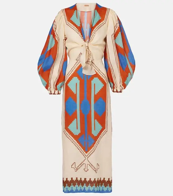 Johanna Ortiz Printed Linen Midi Dress With Tie Detail - Multicoloured