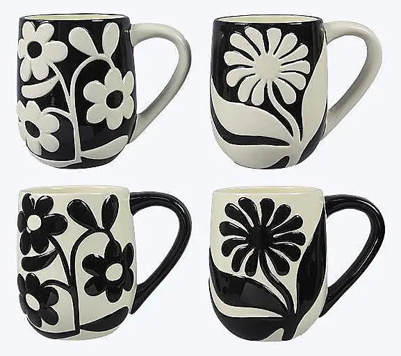 YOUNG'S INC. Young's S/4 Ceramic Black And White Raised Flor Al Design Mugs - One-color