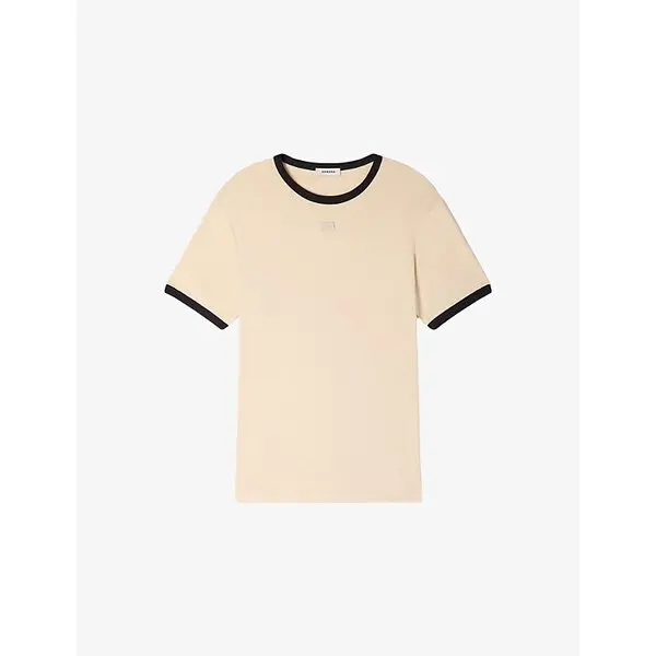 Sandro Branded Contrast-trim Cotton-jersey T-shirt - Sand