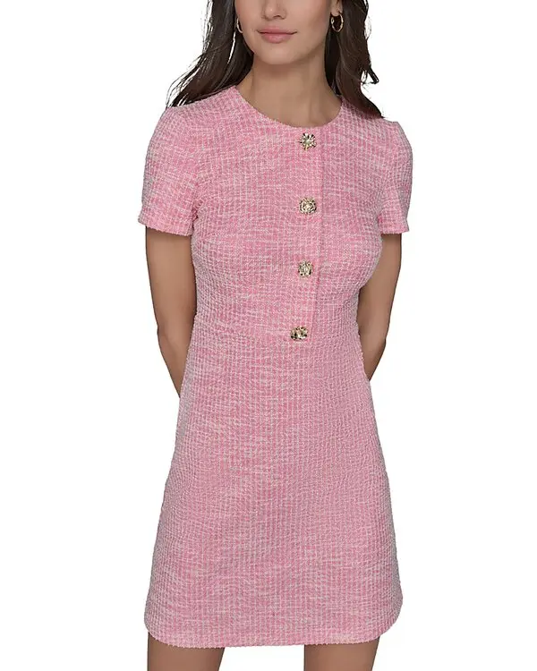 Karl Lagerfeld Paris Knit Tweed A-line Dress With Flower Buttons - Pink Sherbert/soft White