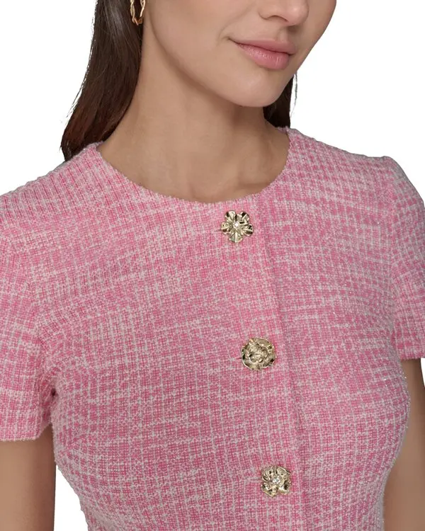 Karl Lagerfeld Paris Knit Tweed A-line Dress With Flower Buttons - Pink Sherbert/soft White