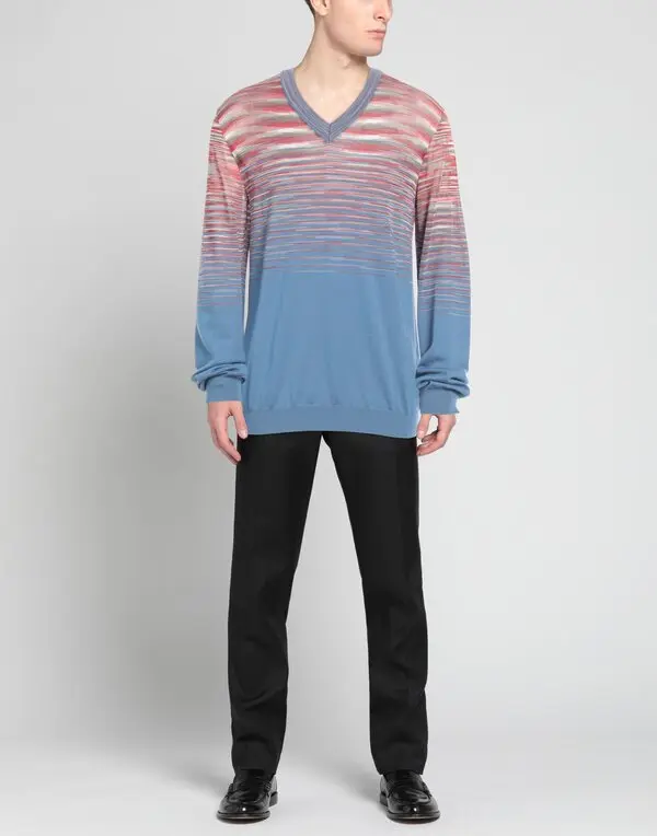Missoni V-neck Wool Sweater With Multicolor Stripes - Blue