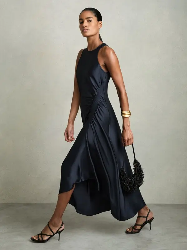 REISS Anessa Petite Satin Shirred Midi Dress - Navy