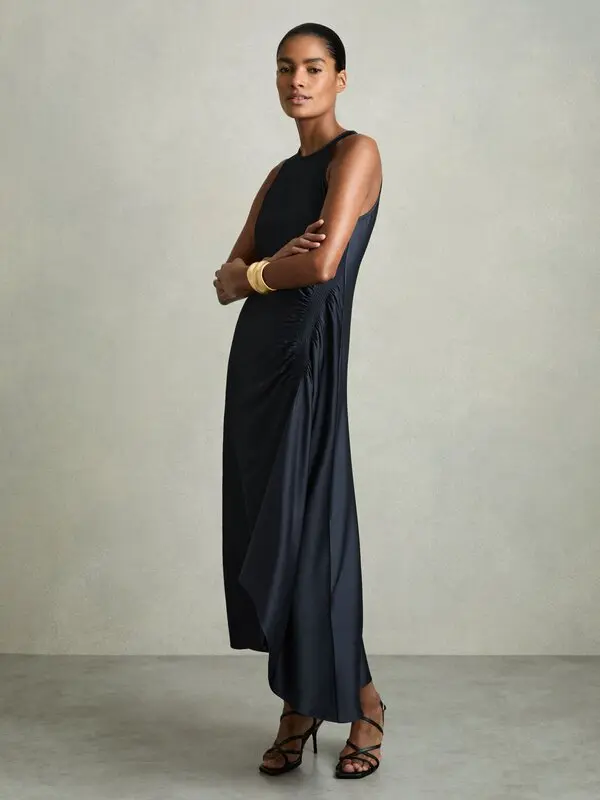REISS Anessa Satin Shirred Midi Dress - Navy