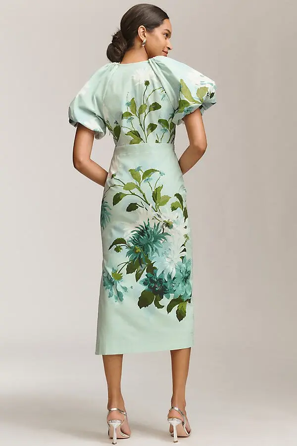 Bhldn Puff-sleeve V-neck Stretch Midi Dress - Mint