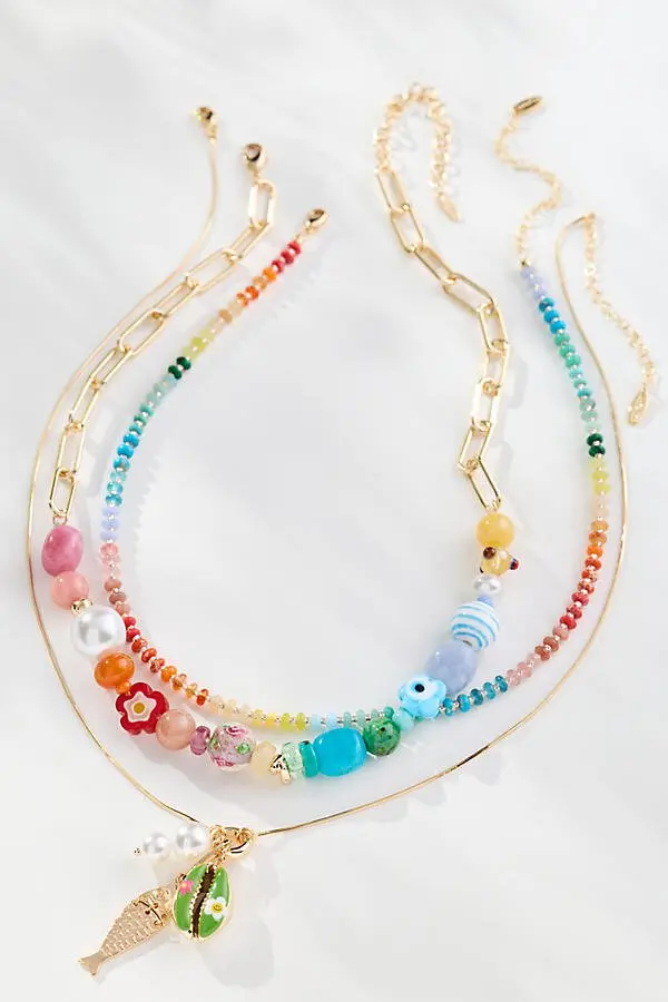 Anthropologie Charm Layered Necklaces - Blue Pattern