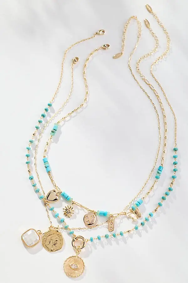 Anthropologie Shades Of Sea Layered Charm Necklaces - Dark Turquoise