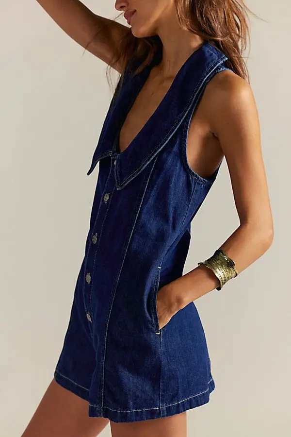 Free People We The Free Dover Denim Playsuit - Blue Raspberry