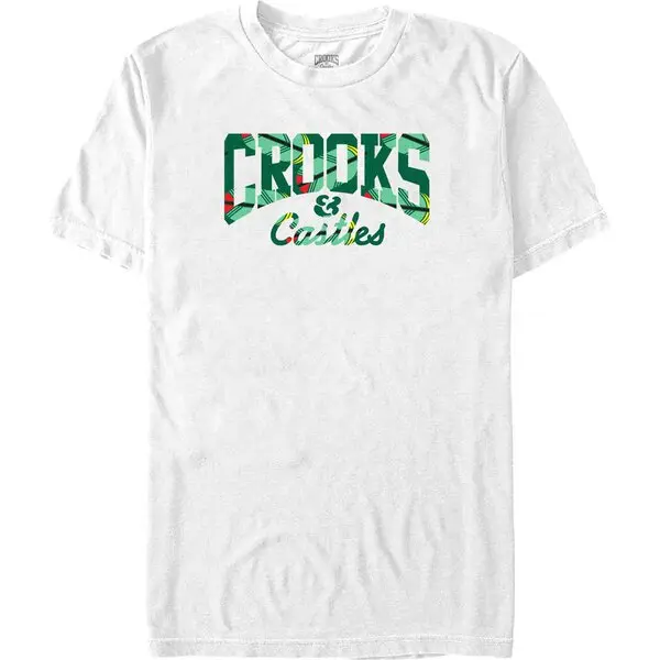 CROOKS & CASTLES Green Tropical Print Graphic T-shirt - White