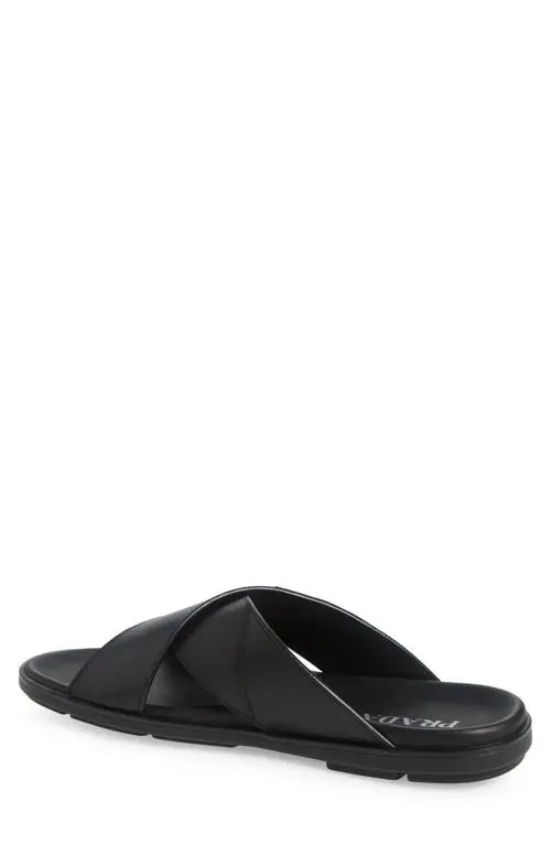 Prada Criss-cross Leather Slide Sandal - Nero