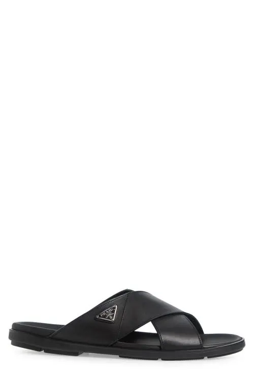 Prada Criss-cross Leather Slide Sandal - Nero