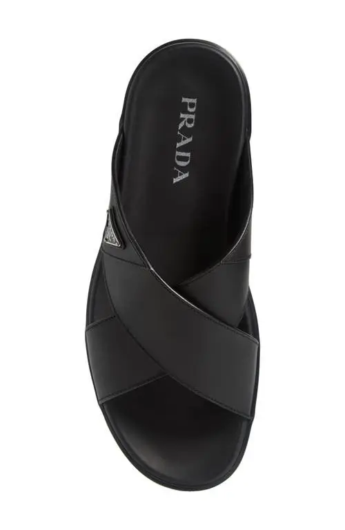 Prada Criss-cross Leather Slide Sandal - Nero