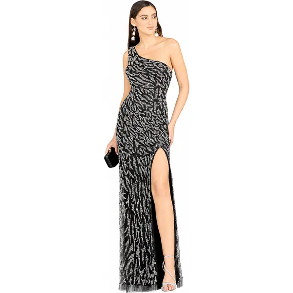LARA NEW YORK One-shoulder Beaded Gown With Slit - Blacksilver