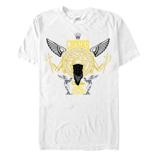 CROOKS & CASTLES Abstract Medusa Yellow And Black Logo Graphic T-shirt - White