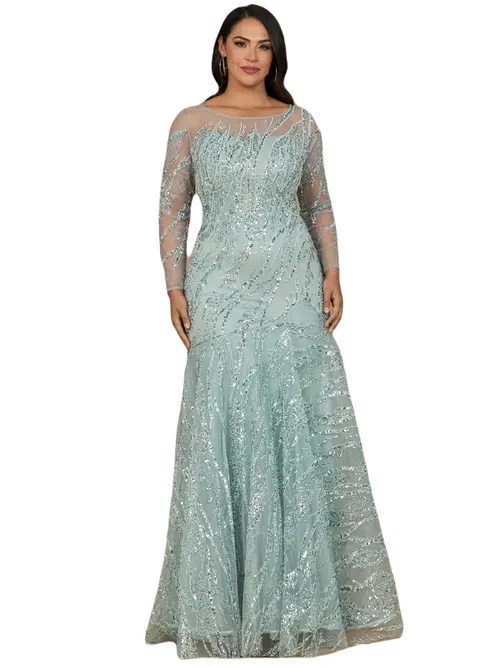 LARA NEW YORK Long Sleeve Beaded Mermaid Gown - Seafoam