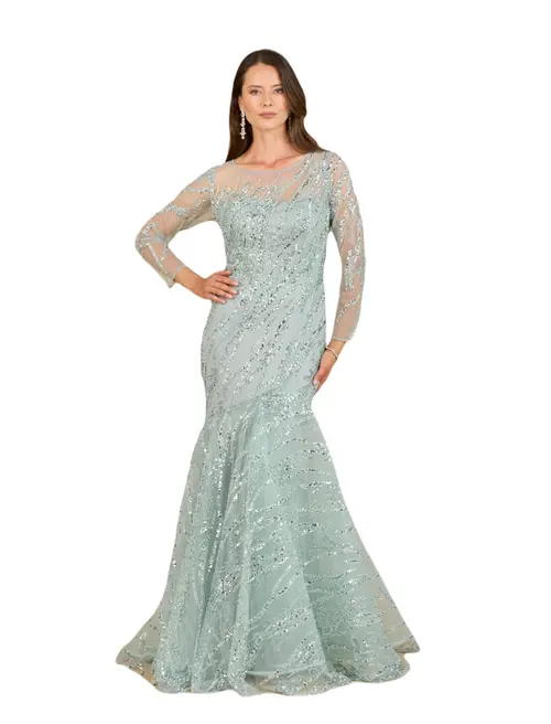 LARA NEW YORK Long Sleeve Beaded Mermaid Gown - Seafoam
