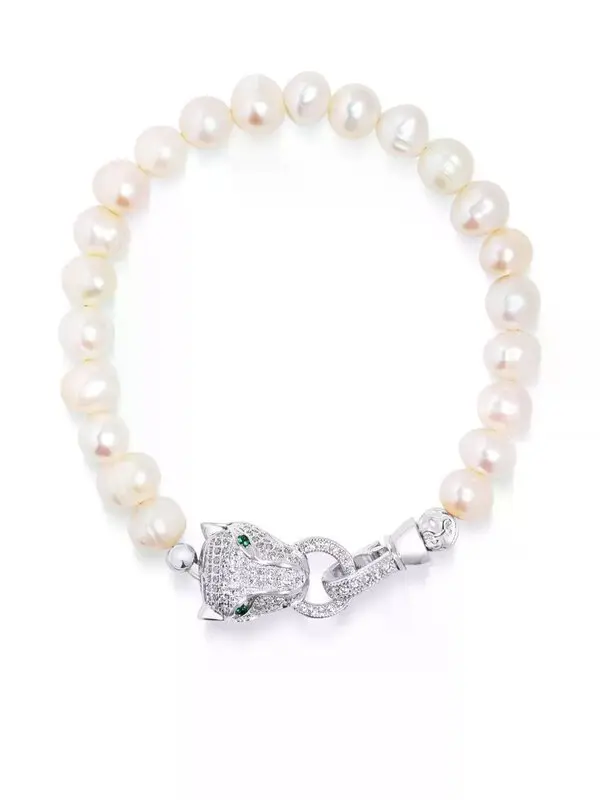 NIALAYA JEWELRY Panther Head Pearl Bracelet - White