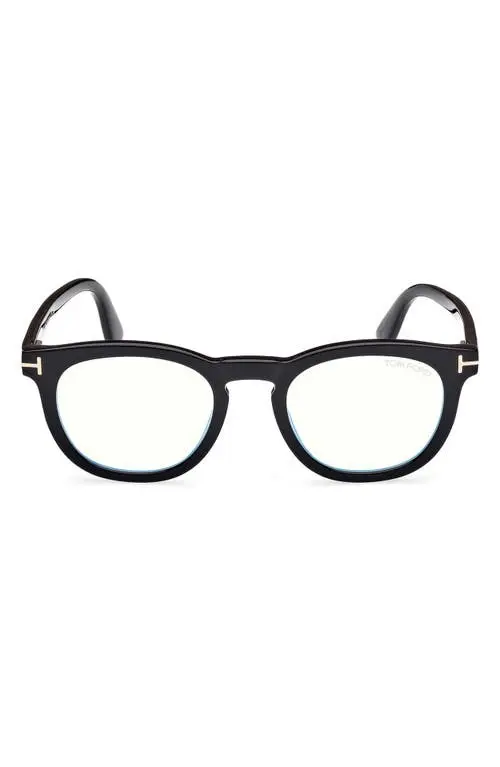 TOM FORD 50mm Round Frame Blue Light Blocking Glasses - Black/ Gold Eco / T Logo