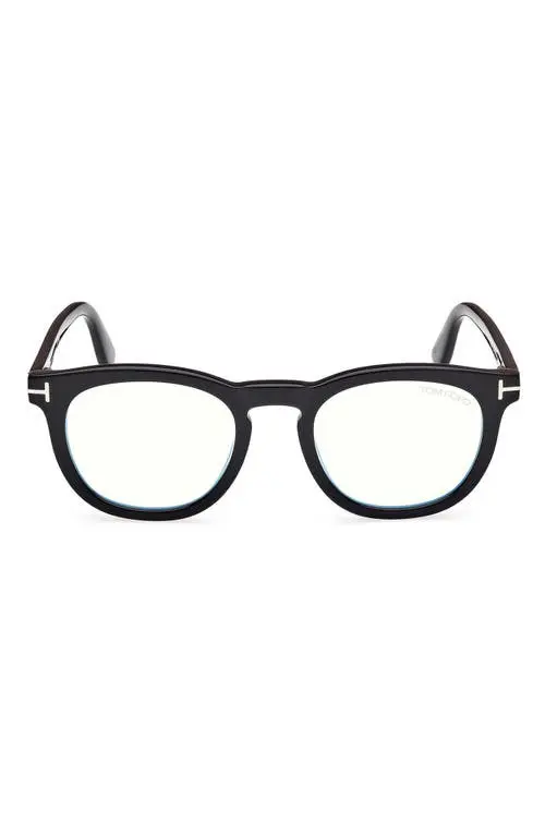 TOM FORD 50mm Round Frame Blue Light Blocking Glasses - Black/ White Eco / T Logo