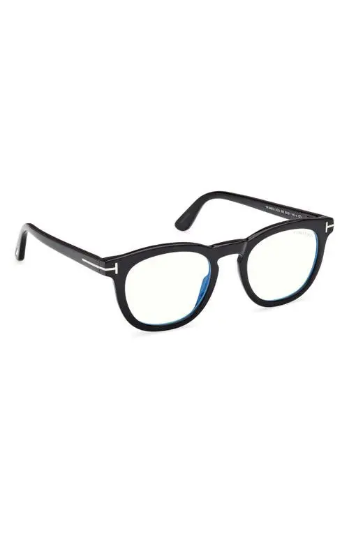 TOM FORD 50mm Round Frame Blue Light Blocking Glasses - Black/ White Eco / T Logo