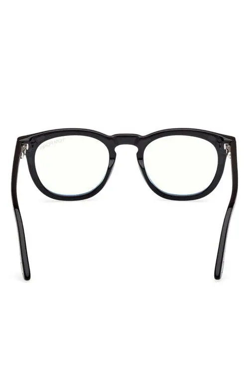 TOM FORD 50mm Round Frame Blue Light Blocking Glasses - Black/ White Eco / T Logo