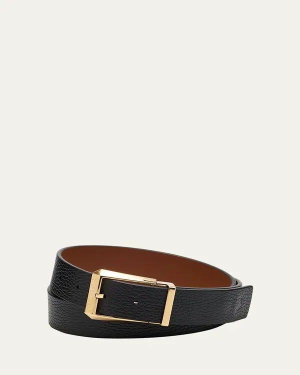 FERRAGAMO Adjustable Reversible Hammered Leather Belt - New Cognac/nero