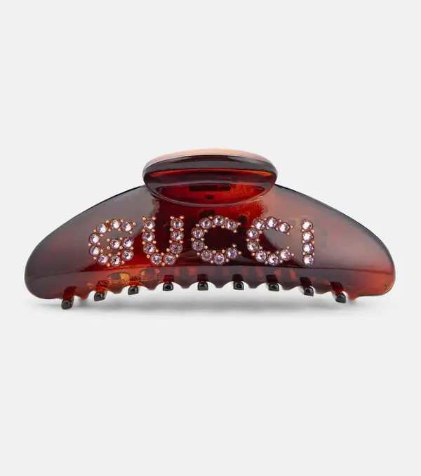 Gucci Logo Crystal-Embellished Hair Clip - Brown | Editorialist display picture 3
