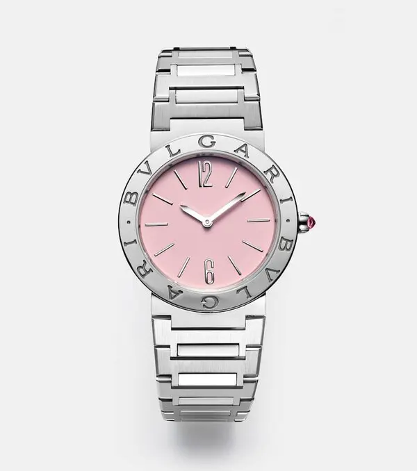 BVLGARI 33mm Stainless Steel Watch With Rubellite - Silver