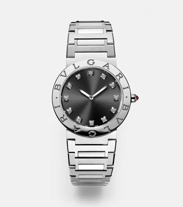 BVLGARI Round Stainless Steel Watch With Diamonds - Silver