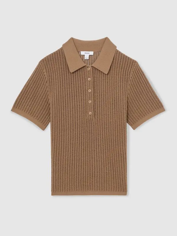 REISS Evi Cotton-blend Open-knit Polo Shirt - Tan