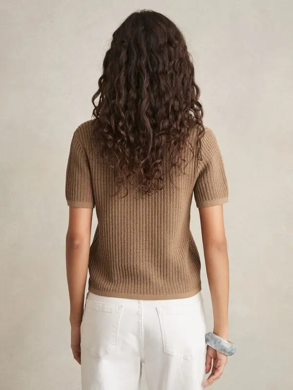 REISS Evi Cotton-blend Open-knit Polo Shirt - Tan