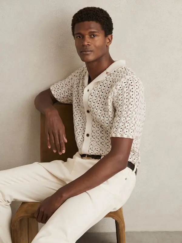 REISS Roulette Textured-knit Cuban-collar Shirt