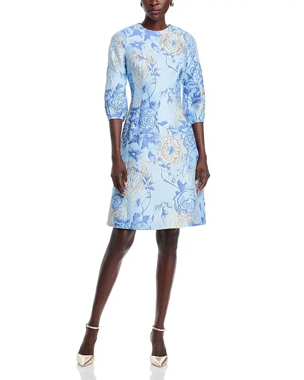 Rickie Freeman For Teri Jon Metallic Floral Jacquard Dress - Light Blue Muti