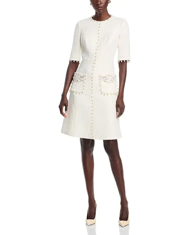 Rickie Freeman For Teri Jon Boucle Embellished Dress - White Cream