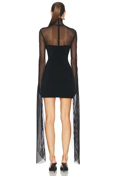 Norma Kamali Ribbon Sleeve Turtleneck Mesh Mini Dress