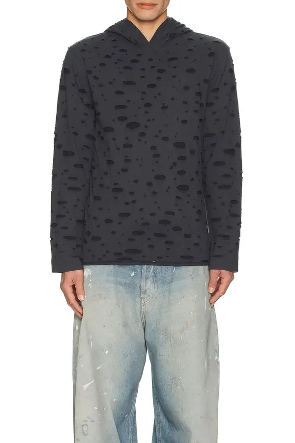 Acne Studios Trashed Hooded Long Sleeve Tee In Black