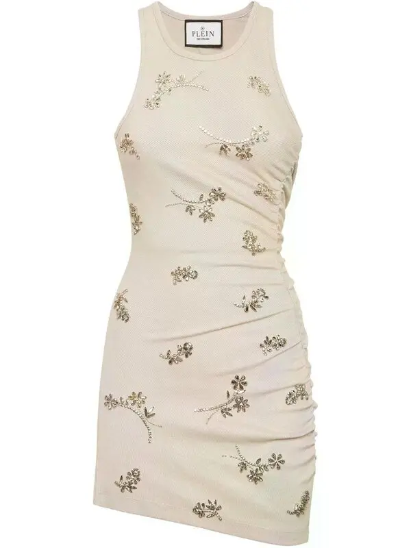Philipp Plein Floral-embellishment Ribbed Mini Dress - Grey